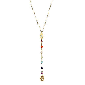 KARMA AND LUCK - Spiritual Resilience - Women's 18K Gold Plated Genuine Stones Rosary Necklace Lariat Necklace with Hamsa & Evil Eye Symbol handmade in Bali. Length: 22" + 3.5". (Moonstone)