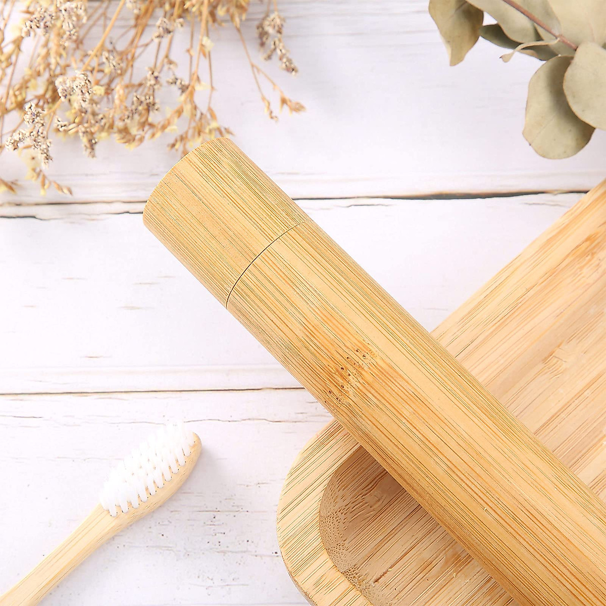 Wilzing 4 Pieces Bamboo Toothbrush Travel Case for Adults and Children, Travel Bamboo Toothbrush Holder Portable Toothbrush Storage Toothpaste Case Cover Box for Travel, Family, Camping, School