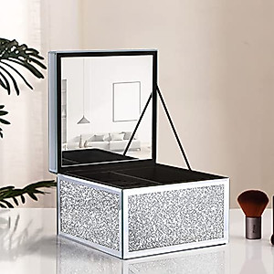 MOMNGNE Bling Crystal Silver Crushed Diamond Glass Mirrored Jewelry Box, Organizer Display Storage Case for Rings Earrings Necklace, Jewelry Boxes for Women