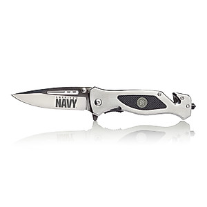 Military Gift Shop Navy Folding Elite Tactical Knife - Navy Rescue Knife (NAVY) |Disabled Veteran Owned Business | Navy Knife Silver