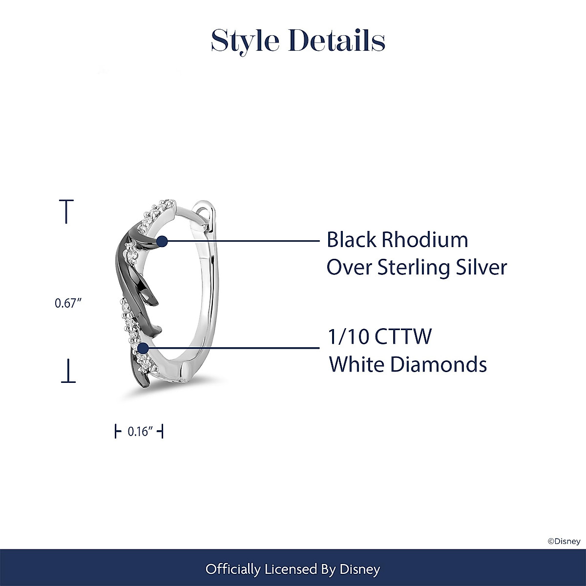 Jewelili Enchanted Disney Fine Jewelry Maleficent Diamond Earrings in Sterling with Black Rhodium and Diamonds 1/10 CTTW