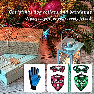 Christmas Dog Collars and Bandanas and Pet Hair Remover Glove Xmas Classic Plaid Snowflake Dog Neck Tie Triangle Bib Scarf Kerchief Adjustable Pet Bow Tie Birthday Dog Bandanas for Small Medium Dogs