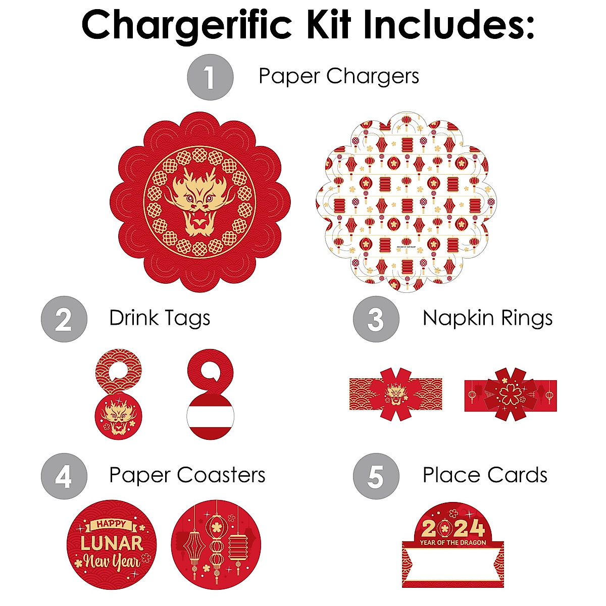 Big Dot of Happiness Lunar New Year - 2024 Year of the Dragon Paper Charger and Table Decorations - Chargerific Kit - Place Setting for 8
