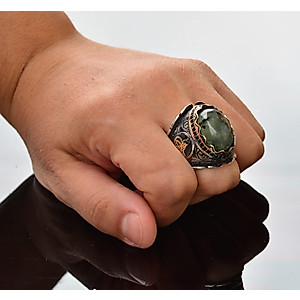 925 Sterling Silver Men's Ring with Natural Prehnite Stone, Handcrafted Unique Design, Green Gemstone Ring for Men