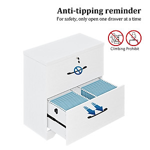 2 Drawer File Cabinet with Lock, Wooden Lateral Storage Home Office Filing Cabinet with Anti-tilt Mechanism with 8 Hanging Bars for Letter/Legal Size (White)