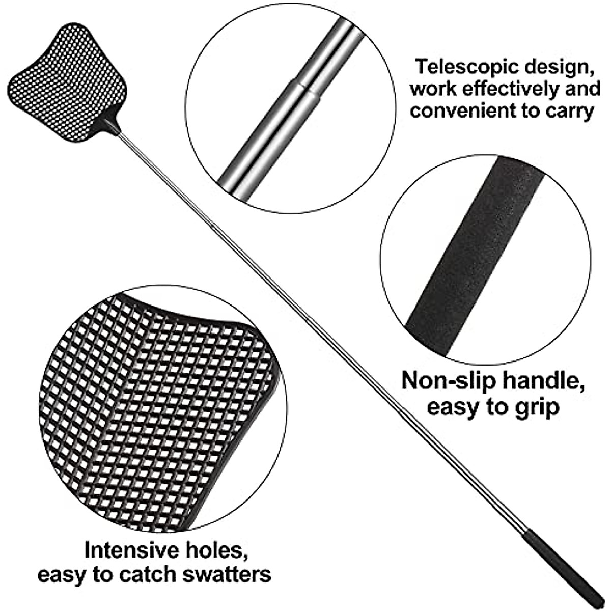 12 Pieces Telescopic Fly Swatter Extendable Plastic Flyswatter Manual Fly Swatter with Stainless Steel Retractable Pole for Indoor Outdoor Home and Office, Black