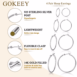 Gokeey Silver Earrings for Women Trendy, Hypoallergenic Silver Hoop Earrings for Women, Small Hoop Earrings Huggie Hoops Earrings for Jewelry Gifts 14mm 20mm 30mm 40mm