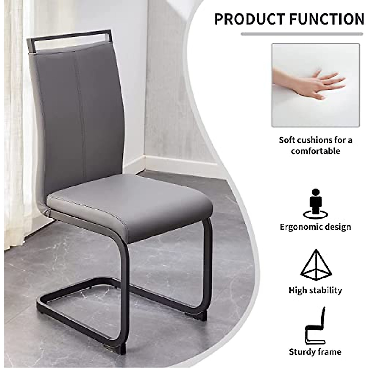 Pvillez 63" Marble Dining Table Set for 4, Modern 5 Piece Kitchen Table and Chairs, Black Faux Marble Dining Table with U-Shaped Pedestal Base & 4 C-Shaped PU Leather Upholstered Dining Chairs