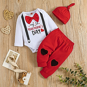 ODIMAME My 1St Valentines Baby Boy Outfits 3-6 Months Newborn Romper Clothes Pants Set Cute Hat Red 80cm