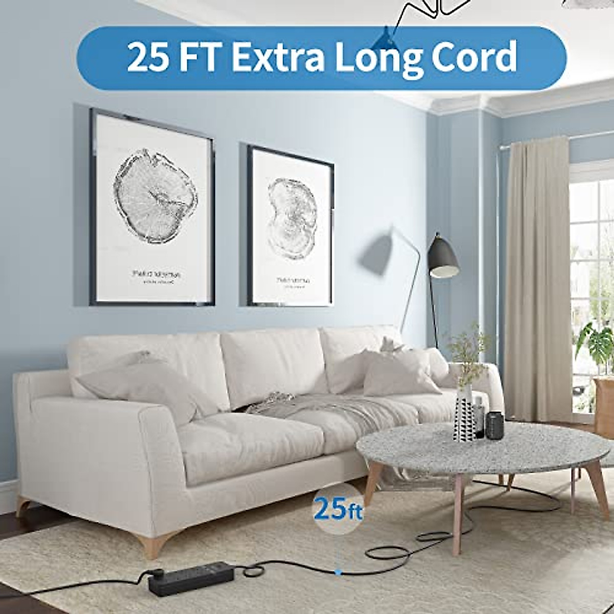 25 ft Extension Cord Flat Plug, NTONPOWER 8 Outlet Surge Protector Power Strip with USB Ports, 15A Circuit Breaker, Wall Mount Surge Protector for Home, Office, Workbench or Garage, ETL Listed, Black