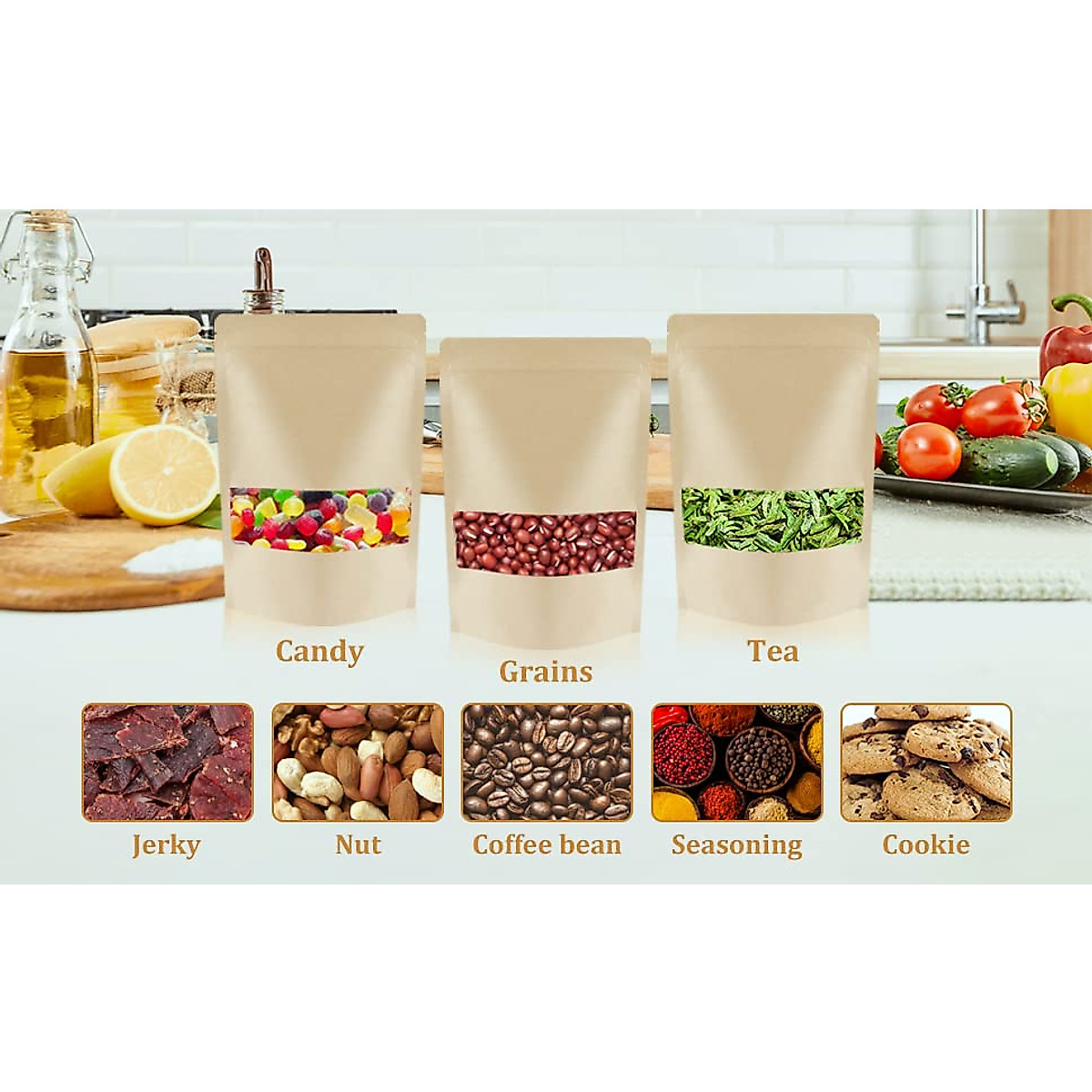 50 Pcs Stand Up Kraft Paper Bags with Window, Resealable Zip Lock Food Storage pouch,dog treat bags,Bakery Bags coffee bags candy bags sealable small business 5.5 x7.9 Inch, (Medium 5.5 * 7.9 Inch)