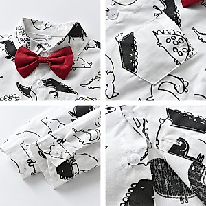 JunNeng Baby Toddler Boy Dinosaur Outfits Suits Gentleman Clothes Sets, Bowtie Dress Shirt+Suspender Pants Dress Suits (White Dinosaur, 18-24 Months)