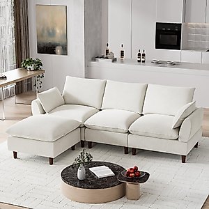 Nolohoo Cloud Couch Sectional, 94" Deep Seat L Shape Sectionals Sofa with Sleeper Chaise, Convertible Ottoman, Comfy Chenille Small Modular Couches for Living Room, Apartment, Cream White