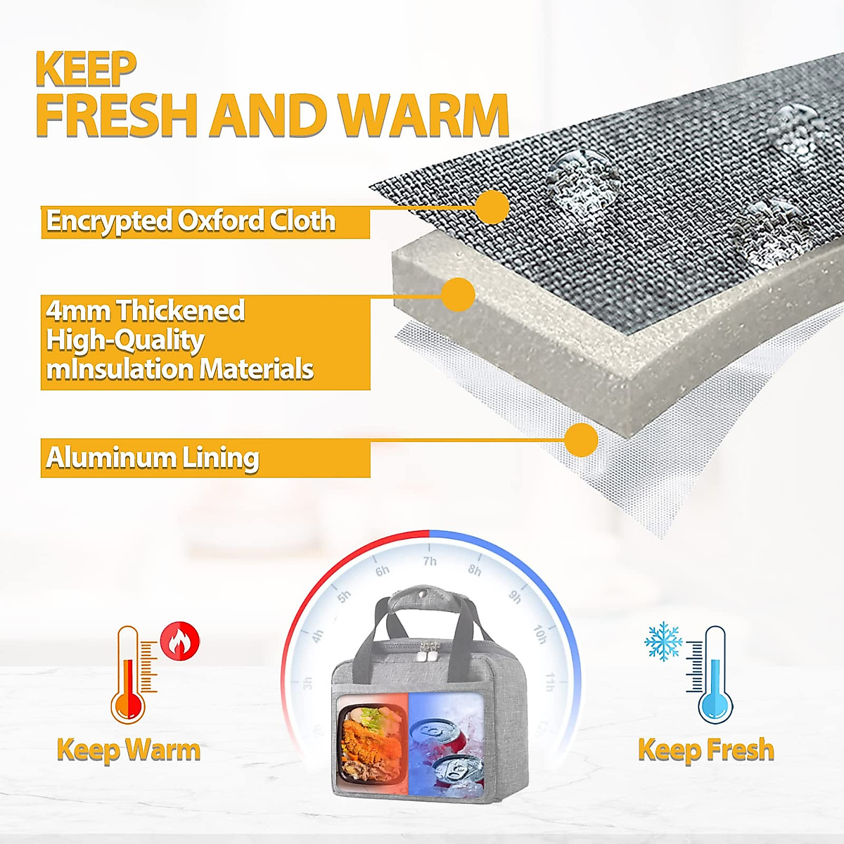 IRONBADGE Insulated Reusable Lunch Bag for Women/Men: Waterproof, 9L, Grey, Work/Picnic/Camping