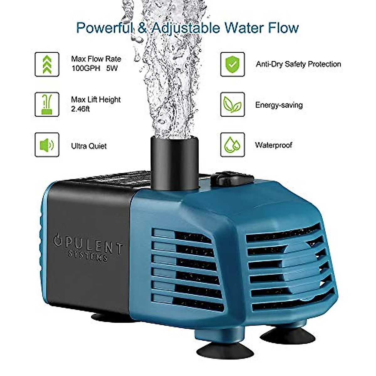 OPULENT SYSTEMS 100GPH 5W Submersible Pump (375L/H) Ultra Quiet Water Pump for Fish Tank, Pond, Aquarium, Statuary and Hydroponics