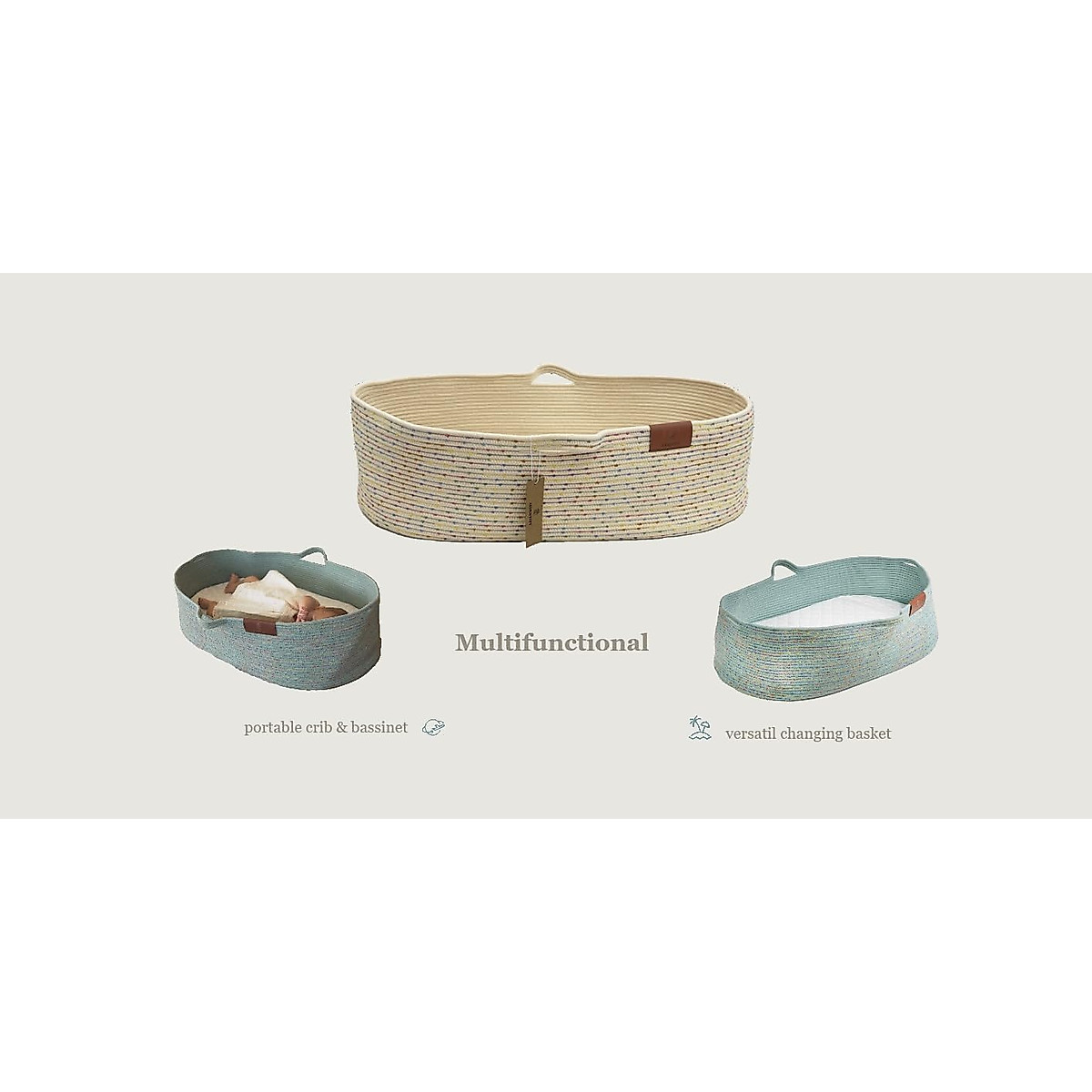 AIDENTITY Multifunctional Baby Bassinet and Changing Basket. Handmade Cotton, 5cm Mattress, Waterproof Cover. Lightweight, Foldable 4easy Travel, Must-Have for on-The-go Newborn Parents! (Beige)