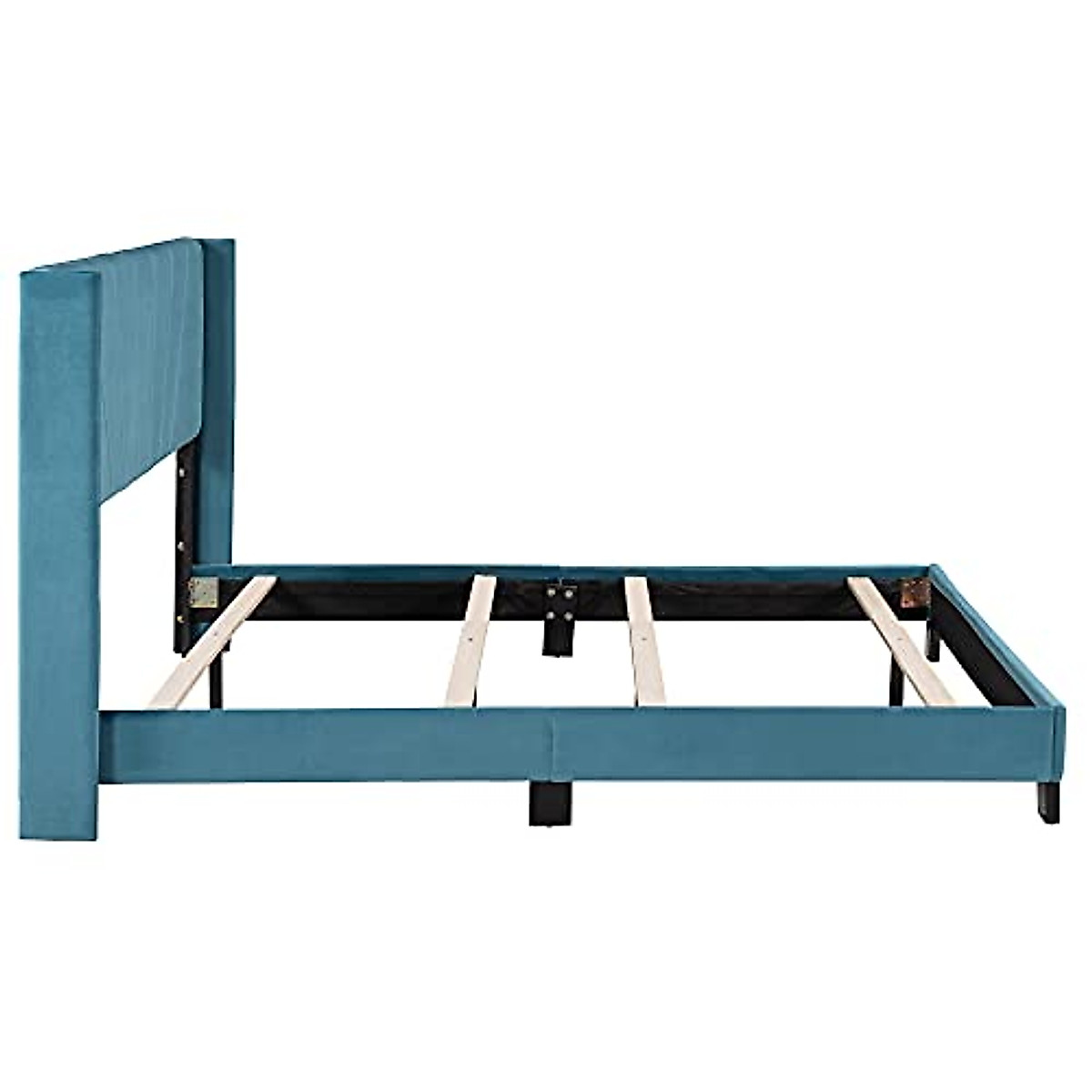 HBRR Queen Size Bed Frame with Velvet Upholstered Headboard, Low Profile Platform Bed with Wood Slats, Fully Upholstered Mattress Foundation, Noise-Free, Easy Assembly, Blue