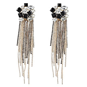 Kercisbeauty Metal Black Long Tassel Chandelier Gold Earrings Sparkle Crystal Women Prom Wedding Earrings (Black and Gold)