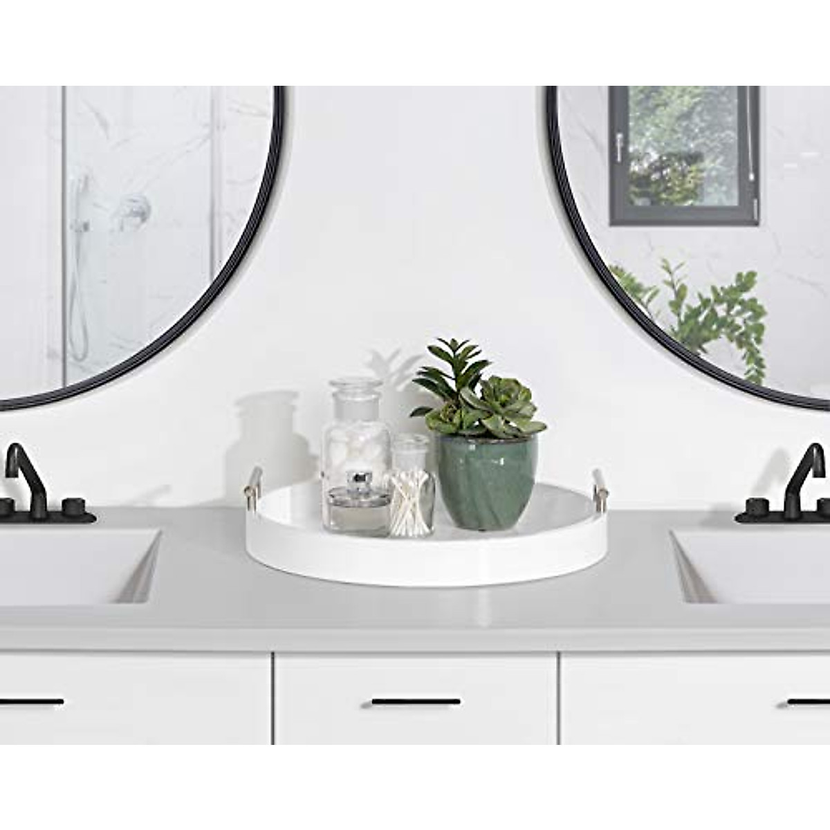 Kate and Laurel Lipton Modern Round Tray, 15.5 inch Diameter, White and Silver, Decorative Accent Tray for Storage and Display