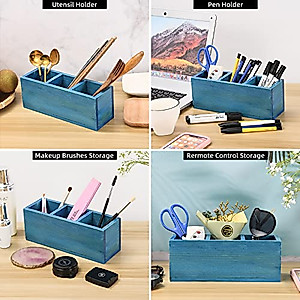 dedoot Wood Remote Holder Desk Organizers, Blue Wooden Pencil Holder Wooden Drawer Organizer 3 Section, Rustic Remote Control Holder for School, Home and Office Supplies, 9x3x3.4 Inches
