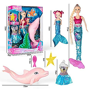 Mermaid Princess Doll with Little Mermaid and Pink Dolphin Playset, Blonde Hair Mermaid Toys with Accessories, Gift for 3 to 7 Year Old Girls