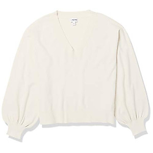 The Drop Women's Mia Bell Sleeve Deep V Neck Supersoft Sweater Whisper White , S