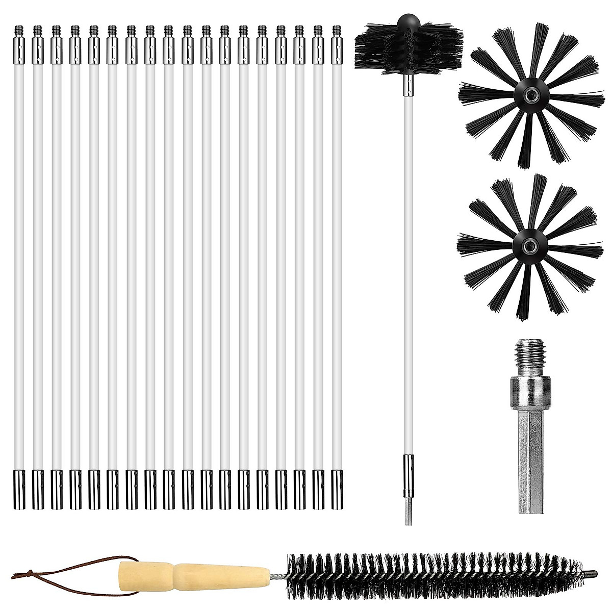 22PCS Dryer Vent Cleaning Kit, Chimney Sweep Kit with 18 Nylon Rods 2 Brush Heads 1 Drill Connector 1 Long Brush, Fireplace Chimney Brush Cleaning Kit, Duct Dryer Vent Cleaner Kit Cleaning Tool