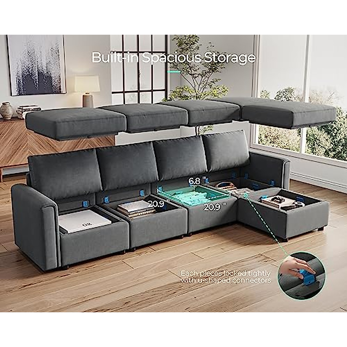 LINSY HOME Convertible Sectional Couch, L Shaped Sofa Couch with Storage, Modular Sofa with Memory Foam, Ottomans, 5 Seat Sofa Corner Sofa with Chaise for Living Room, Dark Grey