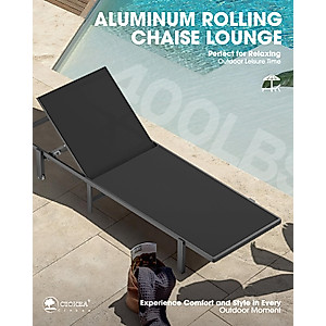 Aluminum Chaise Lounge Chair Outdoor with Wheels, Patio Lounge Chair with Adjustable 5-Position Recliner and Full Flat Tanning Chair for Patio, Beach, Pool, Black