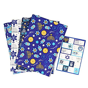 Iconikal 12 Gift Wrap Sheets and 12 Stickers, Hanukkah