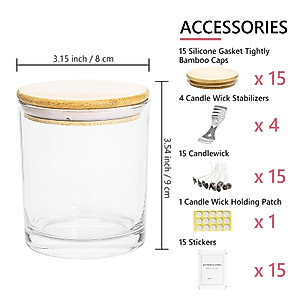 15 Pack Empty Clear Candle Jars with Bamboo Lids,10 OZ Glass Candle Jars for Making Candles,Bulk Jars for Making Candle Containers-Dishwasher Safe (Clear)