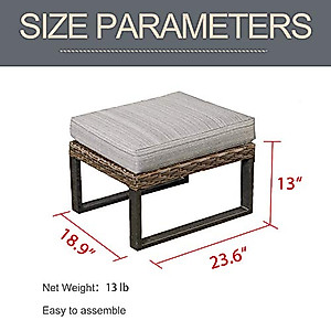 LOKATSE HOME Outdoor Ottoman Footstool Wicker Small Seat Patio Rattan Furniture with Soft Thick Cushion, U Shaped Steel Legs, Gray