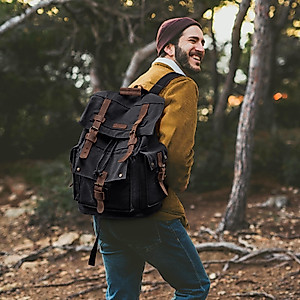 Kattee Men’s Leather Canvas Backpack Large School Bag Travel Rucksack Black