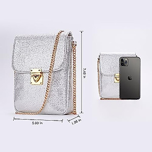 GAYI URBAN Glitter Cell Phone Crossbody Bags for Women, Sparkle Wallet Phone Purses with Chain, Small Ladies Clutch Purses (Silver)