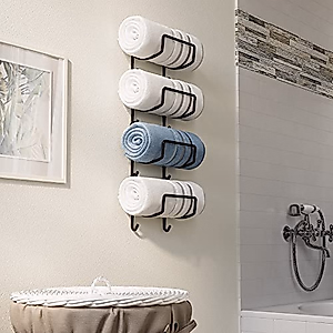 Wallniture Boto Wrought Iron Towel Rack, Rustic Wall Decor and Bathroom Organizer for Bath Towels Set, Stackable Storage Rack of 4 with 2 Hooks, Black