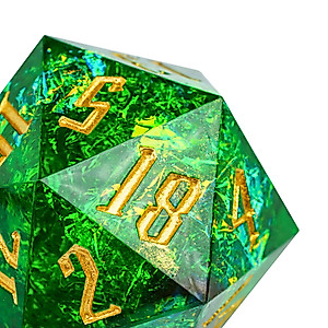 Cusdie Single D20 DND Dice with Sharp Edges and Glitter Foil Inclusions, 20 Sided D&D Dice, 33mm Handcrafted Polyhedral Dice, for Role Playing Game MTG Pathfinder (Green)
