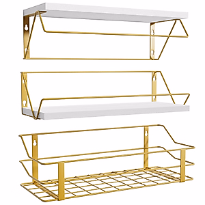 Love-KANKEI Floating Shelves for Wall, Bathroom Shelves Over Toilet with Towel Bar,Wall Shelves with Storage Wire Basket, Wood Shelves for Bedroom Kitchen Living Room Books, Set of 3, White &Gold
