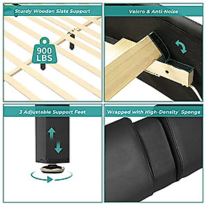 DICTAC Queen Led Bed Frame Modern Faux Leather Upholstered Platform Bed Frame with RGB LED Lights and Headboard Queen Size Wave Like Curve Low Profile Bed Frame,Wood Slats Support,Easy Assembly,Black