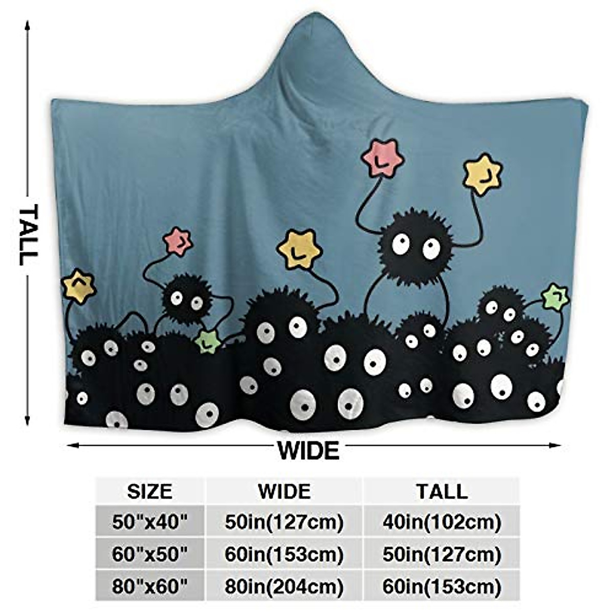 Jaxia Soot Sprites Hood Wearable Blanket for Adult Women and Men, Super Soft Comfy Warm Plush Throw with Sleeves Tv Blanket Wrap Robe Hoodie Cover for Sofa, Couch 50x40 Inch