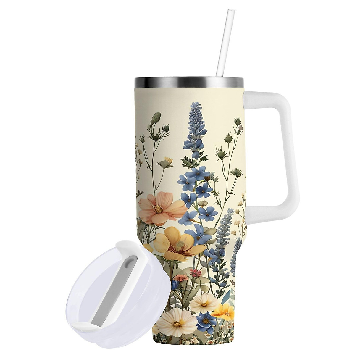 xigua 40 oz Botanical Wildflower Tumbler with Handle and Straw Lid, Stainless Steel Vacuum Insulated Sports Water Bottle, Keeps Cold or Hot Coffee Cup Travel Mug