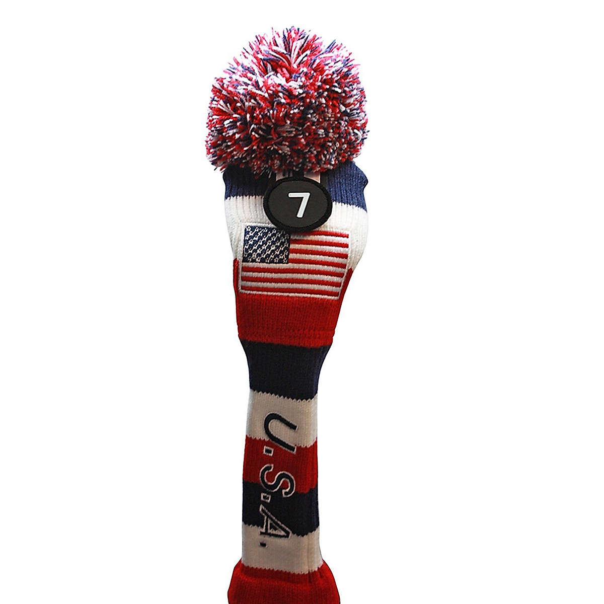 USA Majek Golf Driver 1 3 5 7 X Fairway Woods Headcovers Pom Pom Knit Limited Edition Vintage Classic Traditional Flag Stars Red White Blue Stripes Retro Head Cover Fits 460cc Drivers and 260cc Woods