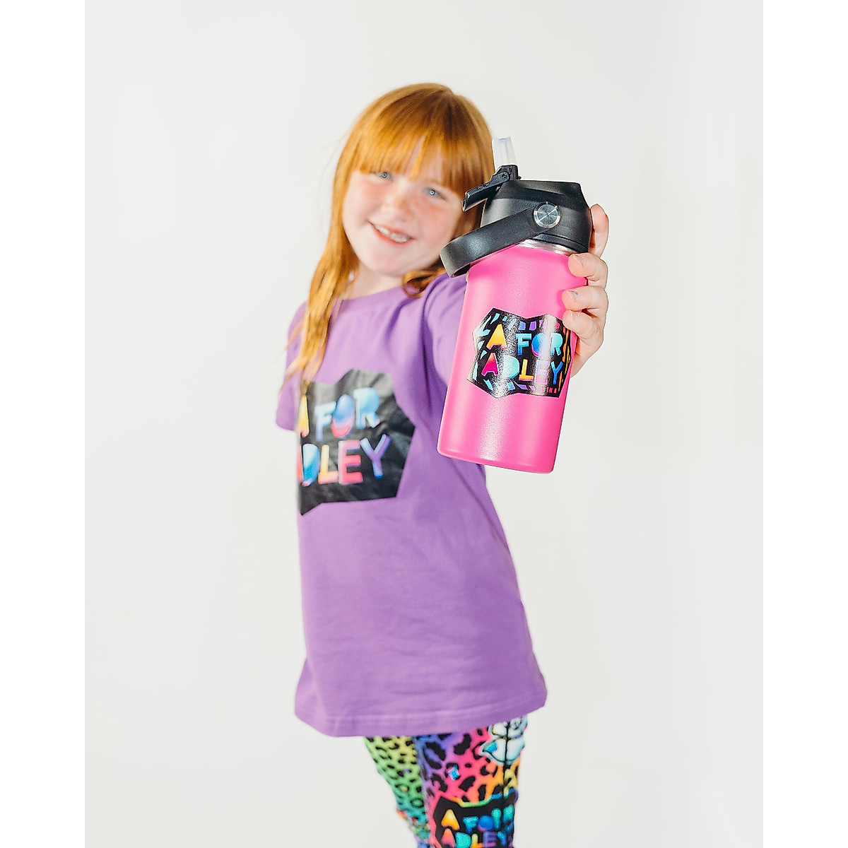 A FOR ADLEY Merch Official Product Adley's Super Cold and Colorful Neon Rainbow Water Bottles For Fun, School, Travel or Anytime You Would Want a Cold Drink (Neon Pink)