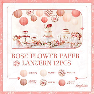 NICROLANDEE Wedding Party Decorations - 12PCS Rose Gold Vintage Floral Paper Lanterns Hanging Decorations for Engagement, Anniversary, Bridal Shower, Baby Shower, Bachelorette, Birthday Party