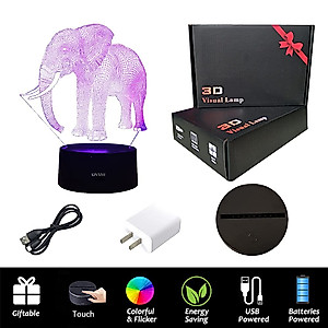 KIVVEE Elephant 3D Lamp Illusion 2D Night Light Xmas Chirstmas Festival Birthday Valentines Day Lovers Gift Nursery Bedroom Desk Table Decor for Baby Boys Kids Children