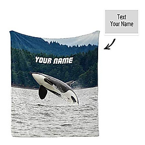 CUXWEOT Custom Blanket with Name Text,Personalized Jumping Killer Whale Super Soft Fleece Throw Blanket for Couch Sofa Bed (50 X 60 inches)
