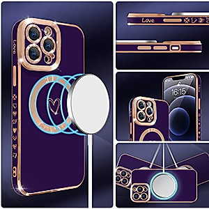 YKCZL Compatible with iPhone 13 Pro Max Case MagSafe, Luxury Plating Cute Heart Full Camera Lens Protection Magnetic Case for iPhone 13 Pro Max for Women Girls-Deep Purple