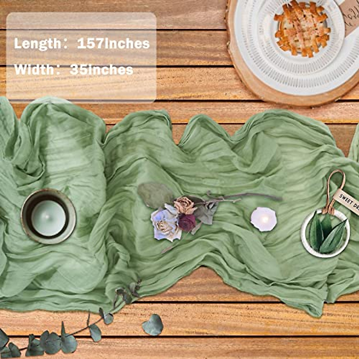 Vibera Cheesecloth Table Runner 35 x 157 inches Long Sage Green Table Runners for Wedding Birthday Party Gauze Table Runner for Bridal Shower Baby Shower Decorations（1 Pack）