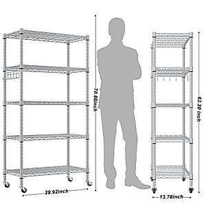 Homdox 5 Tier Adjustable Rolling Storage Shelves, Heavy Duty Wire Storage Racks and Shelving, Metal Shelves for Storage with Side Hooks for Pantry Closet Kitchen Garage Organization, Silver Gray