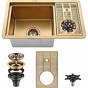 AguaStella AS1514XG Brushed Gold Bar Sink with Glass Rinser Stainless Steel Undermount Prep Kitchen Sink 23-1/4 x 14 Inches Single Bowl