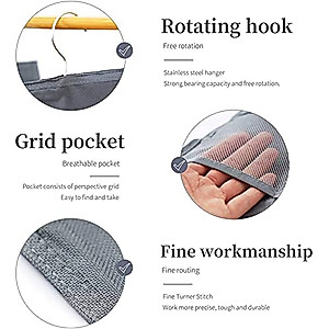 Durable Hanging Closet Organizer for Underwear Double Sided with Mesh Pockets& Hat Storage 8 Hat Storage Clips for Hat Rack for Baseball Caps Hat Organizer Holder (Gray&White, Bra&Hat Storage)